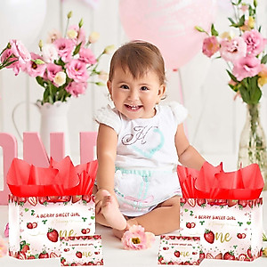 SUNDECO Strawberry Themed 1st Birthday Gift Bag with Red Tissue Paper and Card – Large Baby Girl Gift Bag for Birthday, Baby Shower, Berry First Birthday Decor, Baby Wrapping Paper Set