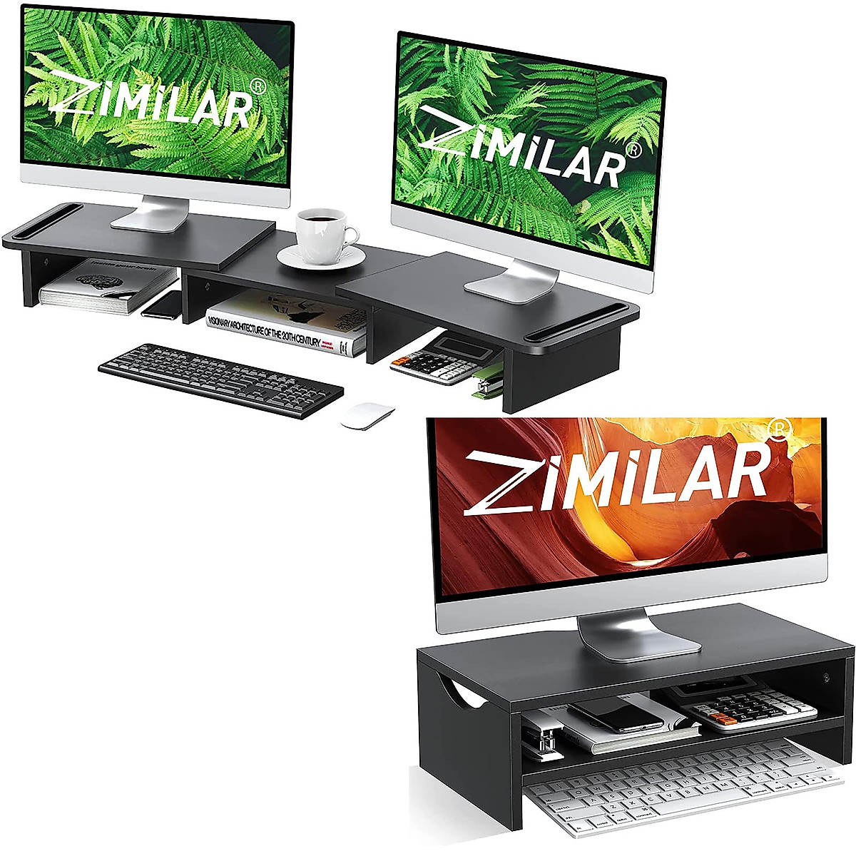 Zimilar Dual Monitor Stand Riser, Monitor Stand with Adjustable Length and Angle Monitor Stand Riser, 2 Tiers Laptop Computer Monitor Riser for PC Screen