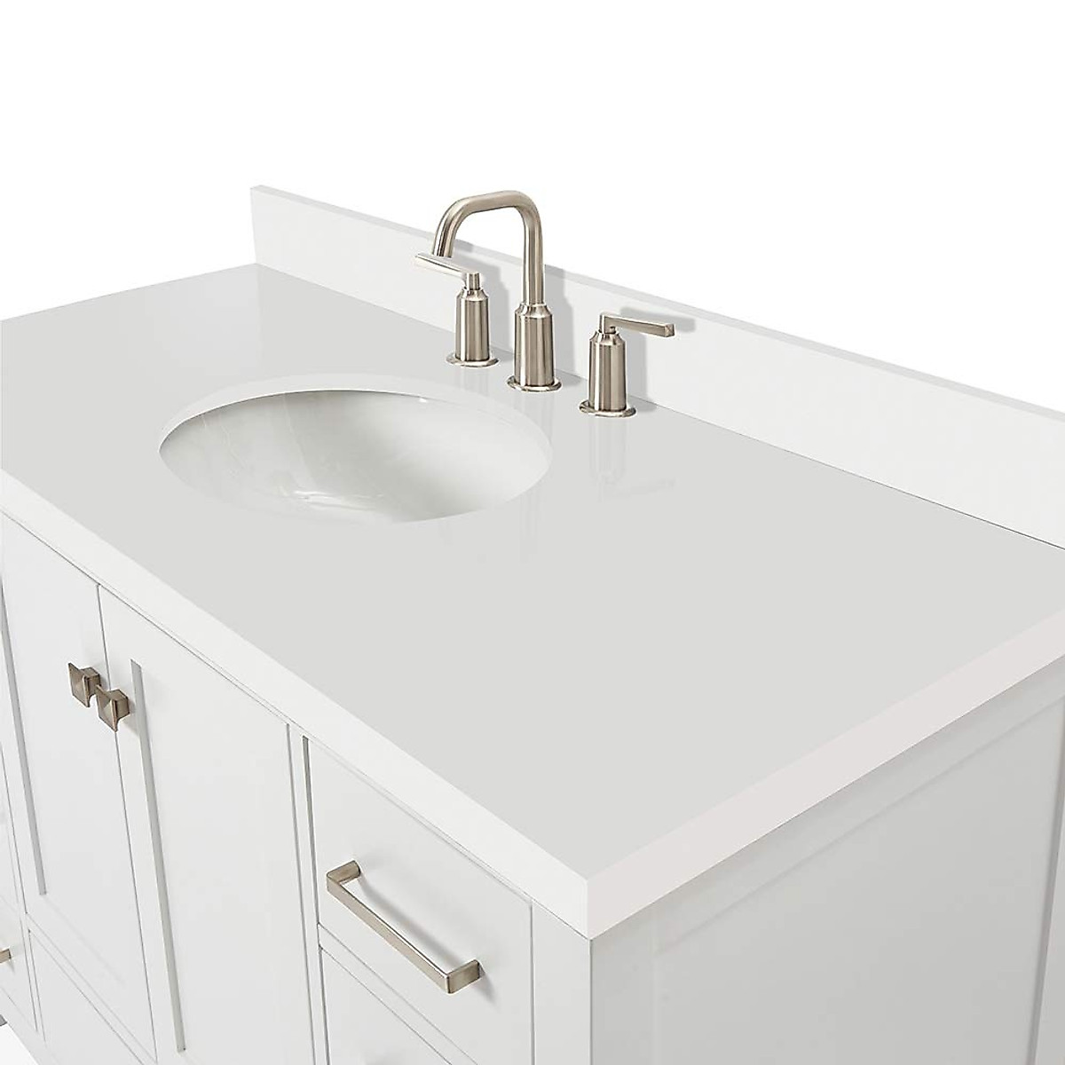 ARIEL 49" White Bathroom Vanity with 1.5" Edge Pure White Quartz Countertop & Backsplash, Center Oval Sink, 2 Soft Closing Doors, 9 Full Extension Dovetail Drawers, Brushed Nickel