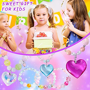 PinkSheep Beads Necklace and Bracelet for Kids, 3 Sets, Little Girls Jewelry Necklace and Bracelet with Heart Pendant, Dress Up Pretend Play Party Favor