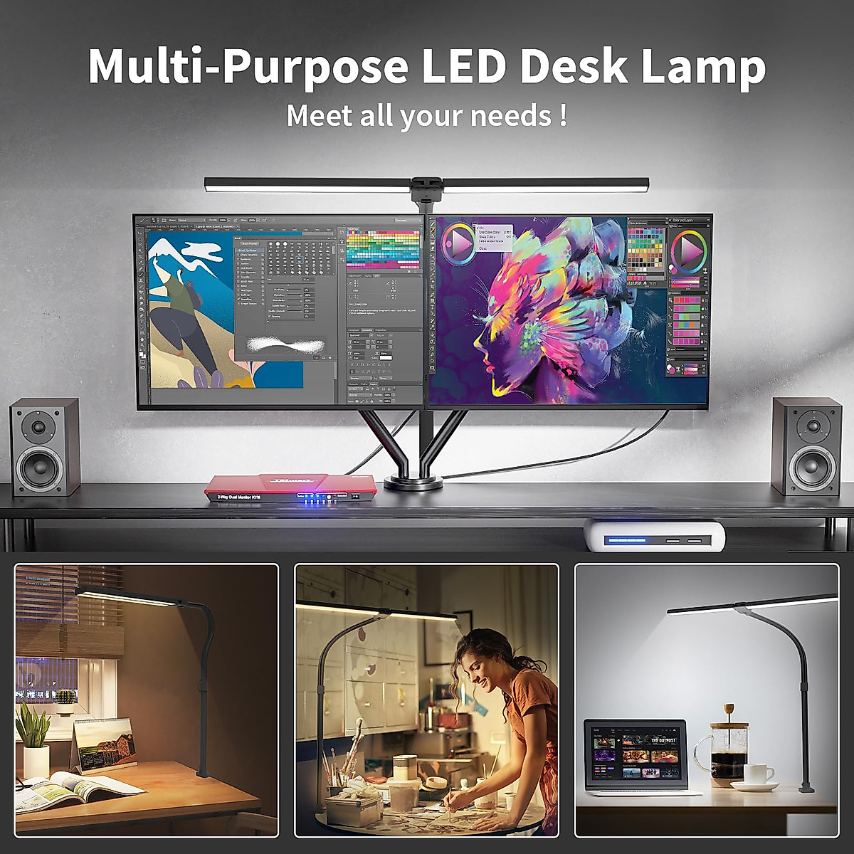 Mosthink LED Desk Lamp for Home Office, Double Head Eye Caring Architect Monitor Light, 31.5" Desk Light with Clamp and Flexible Gooseneck, 24W Study Drafting Table Lamp,100 Colors Modes