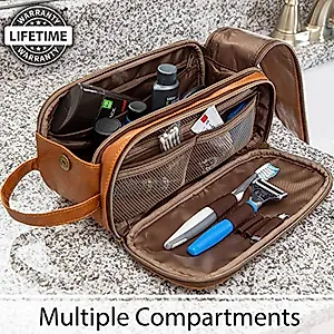 QS Toiletry Bag for Men or Women - Dopp Kit For Travel. Large Cosmetic and Bathroom Shaving Bag. Toiletry Organizer PU Leather USA (Medium, Brown)