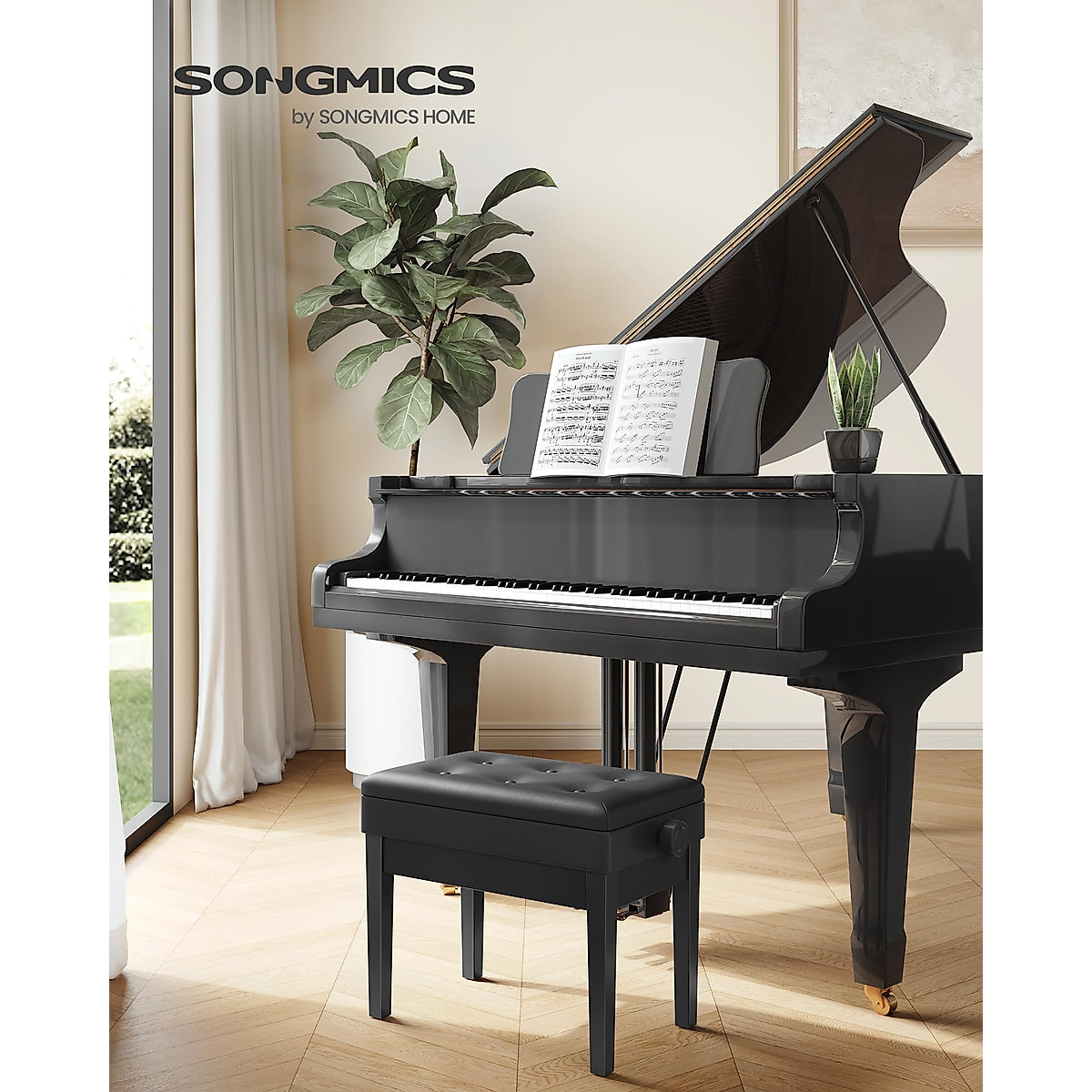 SONGMICS Adjustable Wooden Piano Bench Stool with Sheet Music Storage Black ULPB57H