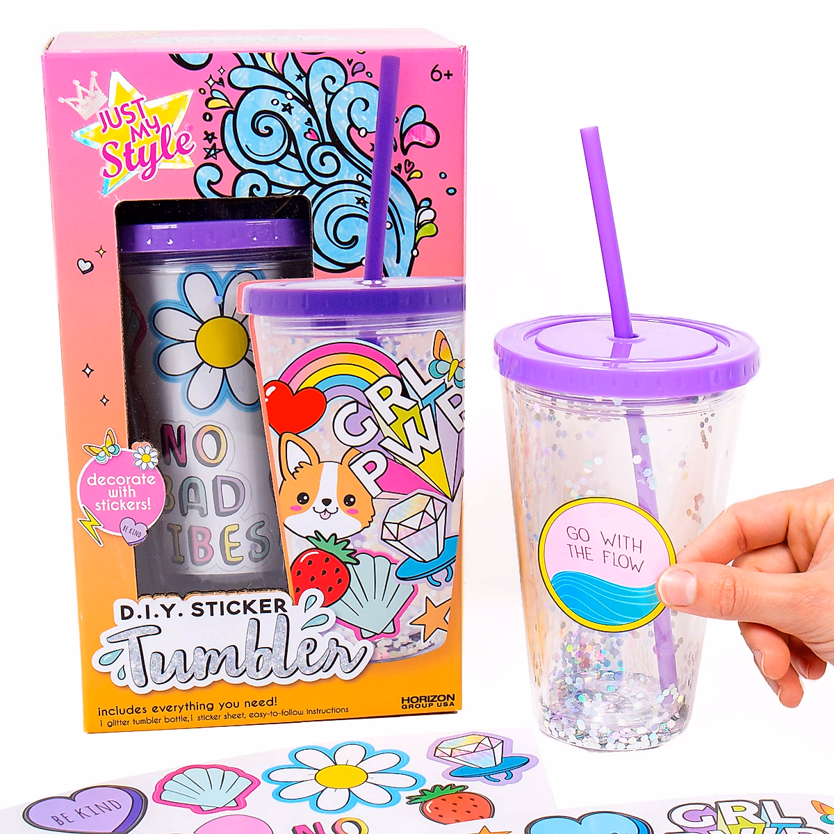 Just My Style DIY Sticker Tumbler, Style & Embellish Your Own BPA Free VSCO Glitter Water Tumbler, Reusable Stickers Included, Great Back To School Gift, Birthday Gift for Girls Ages 6, 7, 8, 9, 10