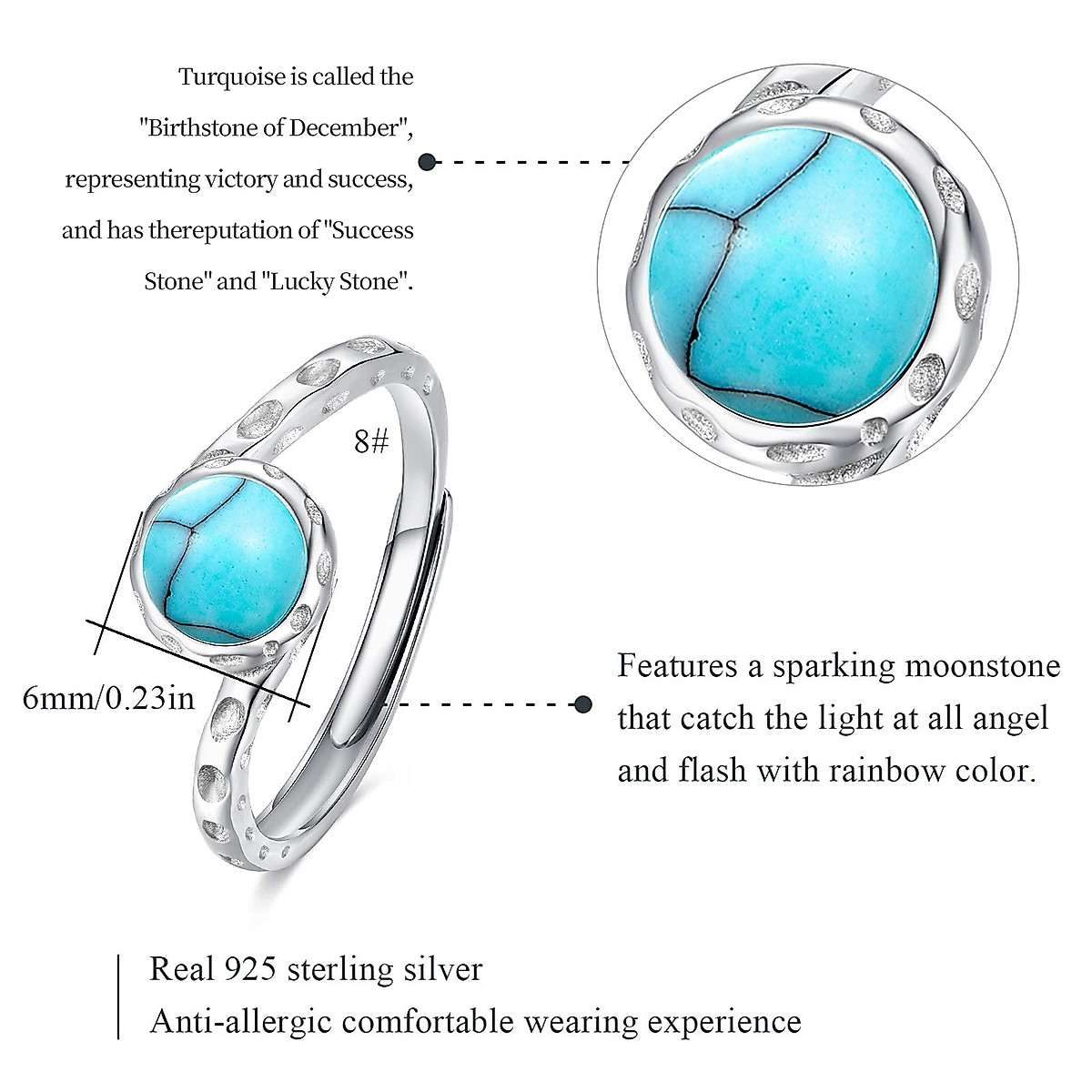 CUOKA MIRACLE Turquoise Ring for Women 925 Sterling Silver Synthetic Turquoise Ring Open Ring Adjustable Ring Gift for Women