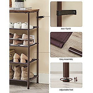 VASAGLE Shoe Rack 5 Tier, Narrow Shoe Organizer for Closet Entryway, with 4 Fabric Shelves and Top for Bags, Shoe Shelf, Steel Frame, Industrial, Rustic Brown and Bronze ULBS036A45