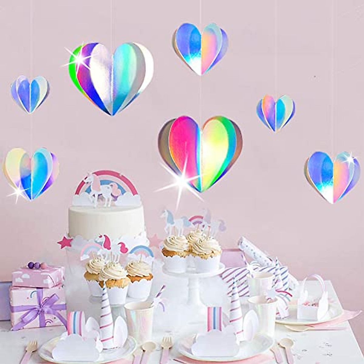 24Pcs 3D Iridescent Heart Garlands Holographic Birthday Party Streamers Anniversary Home Ceiling Décor Engagement Wedding Baby Shower Graduation Classroom Party Supplies