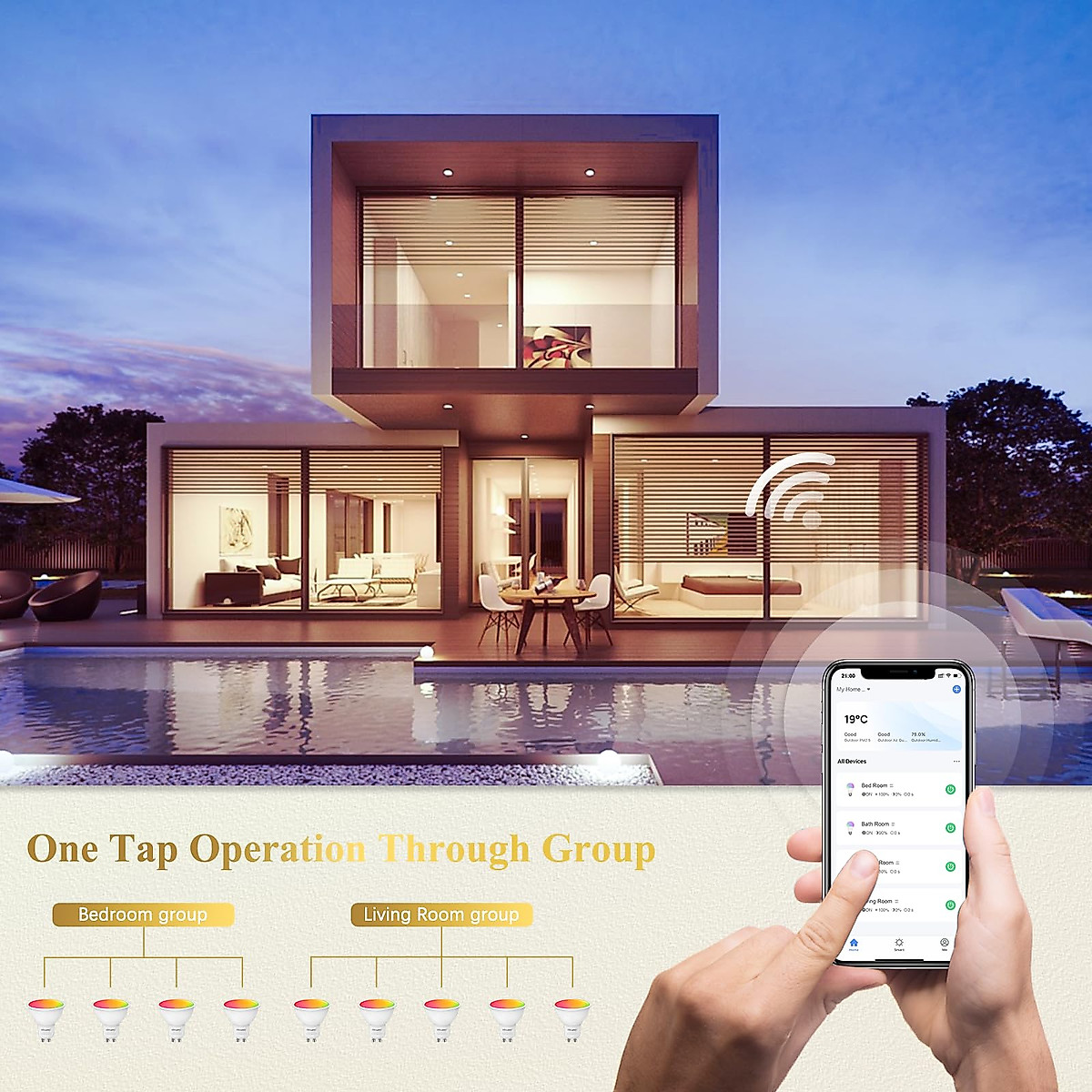 DiCUNO GU10 Smart LED Bulb, RGB Color Changing LED Compatible with Alexa & Google Home, Dimmable with App, Bi-pin Base MR16 50W Track Light Bulbs, 110° Beam Angle 450LM, 2.4GHz WiFi, Pack of 4