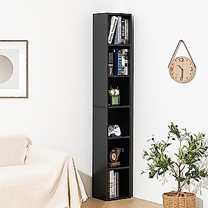 HOFFREE 6-Tier Narrow Bookcase Tall Wood Bookshelf Cabinet Cube Organizer Book Shelves Display Storage Shelves Rack for Small Spaces Home Office Living Room - Black