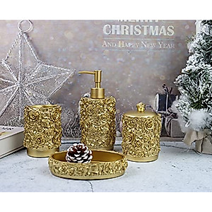Hymmah Gold Bathroom Accessories Set,Rose Design Bathroom Set,Farmhouse Bathroom Decor,4 Pcs Resin Gift Set Apartment Necessities, Contain Cotton Swab Jar,Soap Dispenser,Soap Dish,Tumbler Gold