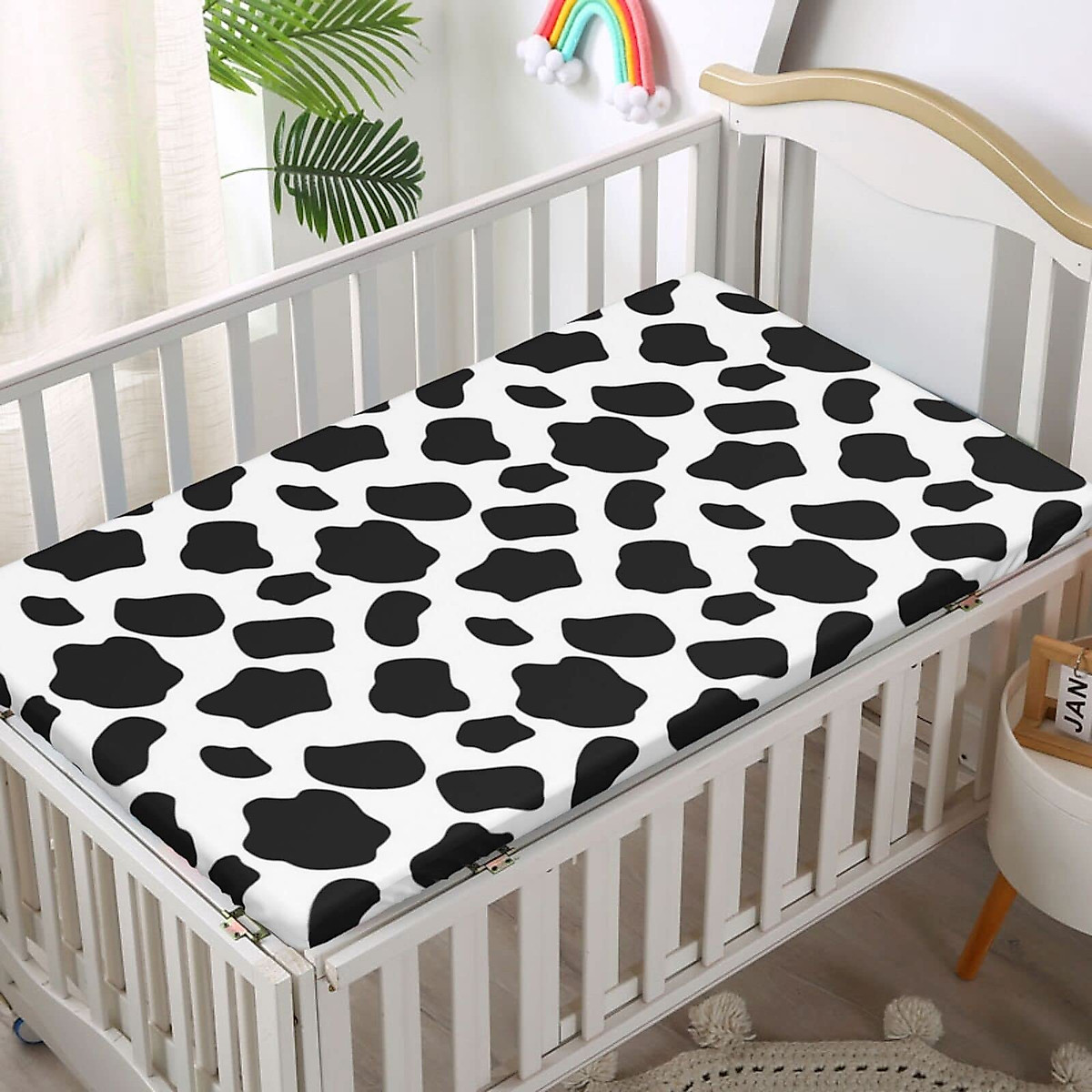 Cow Print Themed Fitted Mini Crib Sheets,Portable Mini Crib Sheets Soft & Stretchy Polyester Fitted Crib Sheet -Crib Mattress Sheet or Toddler Bed Sheet,24“ x38“,White Black