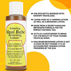 Maui Babe Browning Lotion for Beautiful Natural Tan 8fl oz - Seals Your Tan - Tanning Accelerator Made in Hawaii - Bundled with Moshify Travel Pouch (1 Pack)