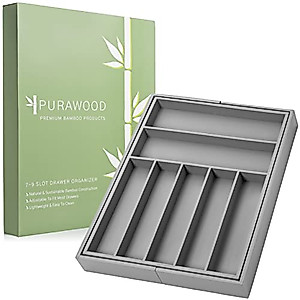 Purawood - Large Premium Bamboo Silverware Organizer - Expandable Kitchen Drawer & Utensil Organizer, 17.5" x 19.75" Cutlery Tray with Drawer Dividers for Kitchen Flatware (7-9 Slots) (Grey)