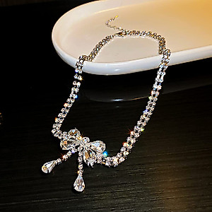 Jemant Bow Choker Necklace For Women Silver Cute Dainty Aesthetic Bling Tennis Cubic Zirconia Chunky Bowknot Pendant Necklace Chain Adjustable Jewelry For Bride Bridal (Choker)