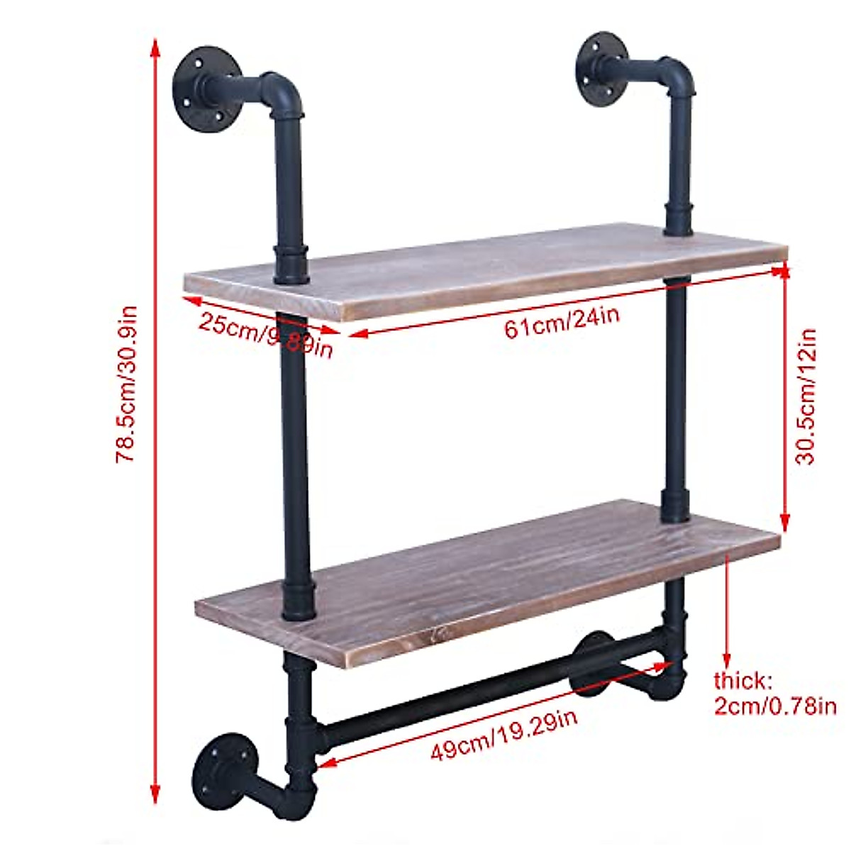 TFCFL 2 Tier Wall-Mounted Industrial Wood Shelving, Rustic Metal Floating Shelves Real Wood Book Shelves Wall Shelf Unit Bookshelf Hanging Wall Shelves for Farmhouse Kitchen Bar, 24x9.89x30.9inch