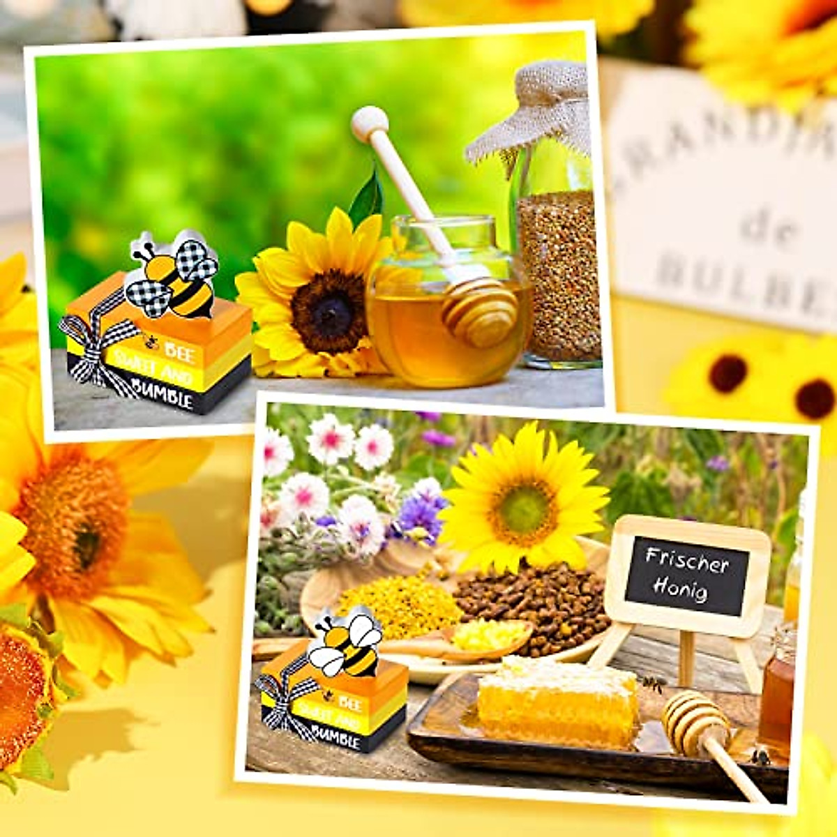 4 Pieces Wood Decorative Book Stack Mini Faux Tiered Tray Wood Books Reversible Sign Rustic Bookshelf Decor for St. Patrick's Day Easter Bee Lemon Holiday Party (Bee Style)