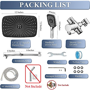 Jcrob 12 Inch Shower Head With Handheld, High-Pressure Rain/Rainfall Shower Heads With 3+1 Settings Handheld Spray, Including 3-Way Diverter, Extension Arm - Height/Angle Adjustable(Chrome)