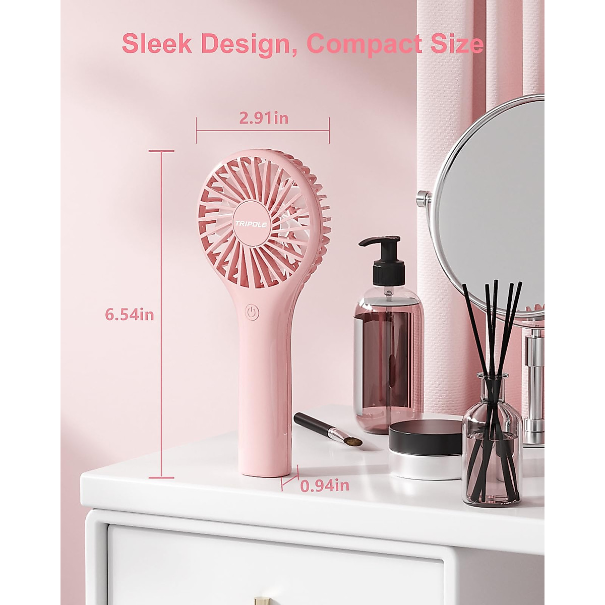 TriPole Portable Fan Handheld Fan Mini Personal Fan 3 Speeds, Powerful Little Battery Hand Held Fan for Travel Trip Outdoor Concerts, Cute Small Rechargeable Lash Fan for Makeup Skincare Drying, Pink