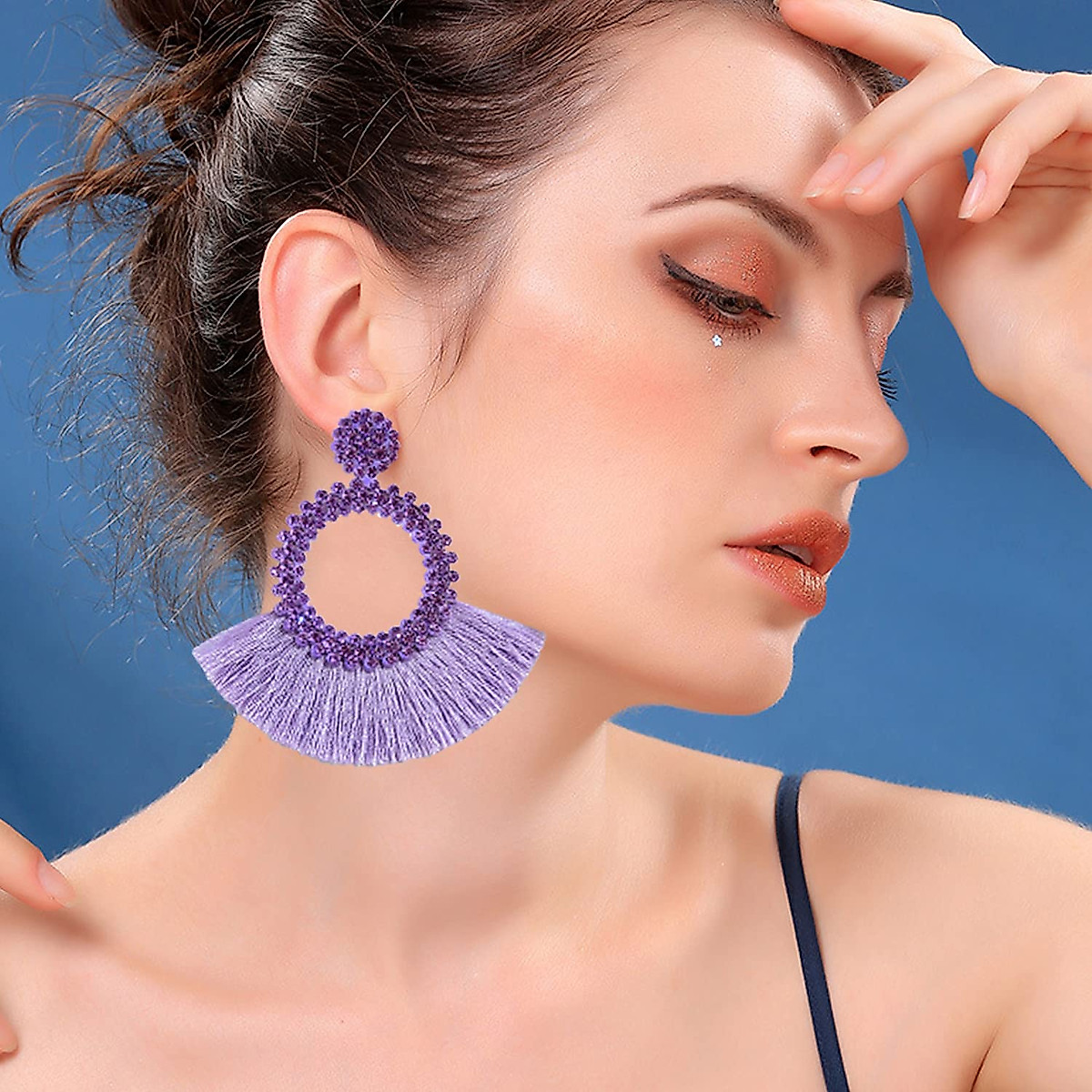 Handmade Bohemian Tassel Crystal Statement Drop Dangle Earrings for Women Hoop Fringe Lightweight Ear Jewelry Summer Accessories (Purple)