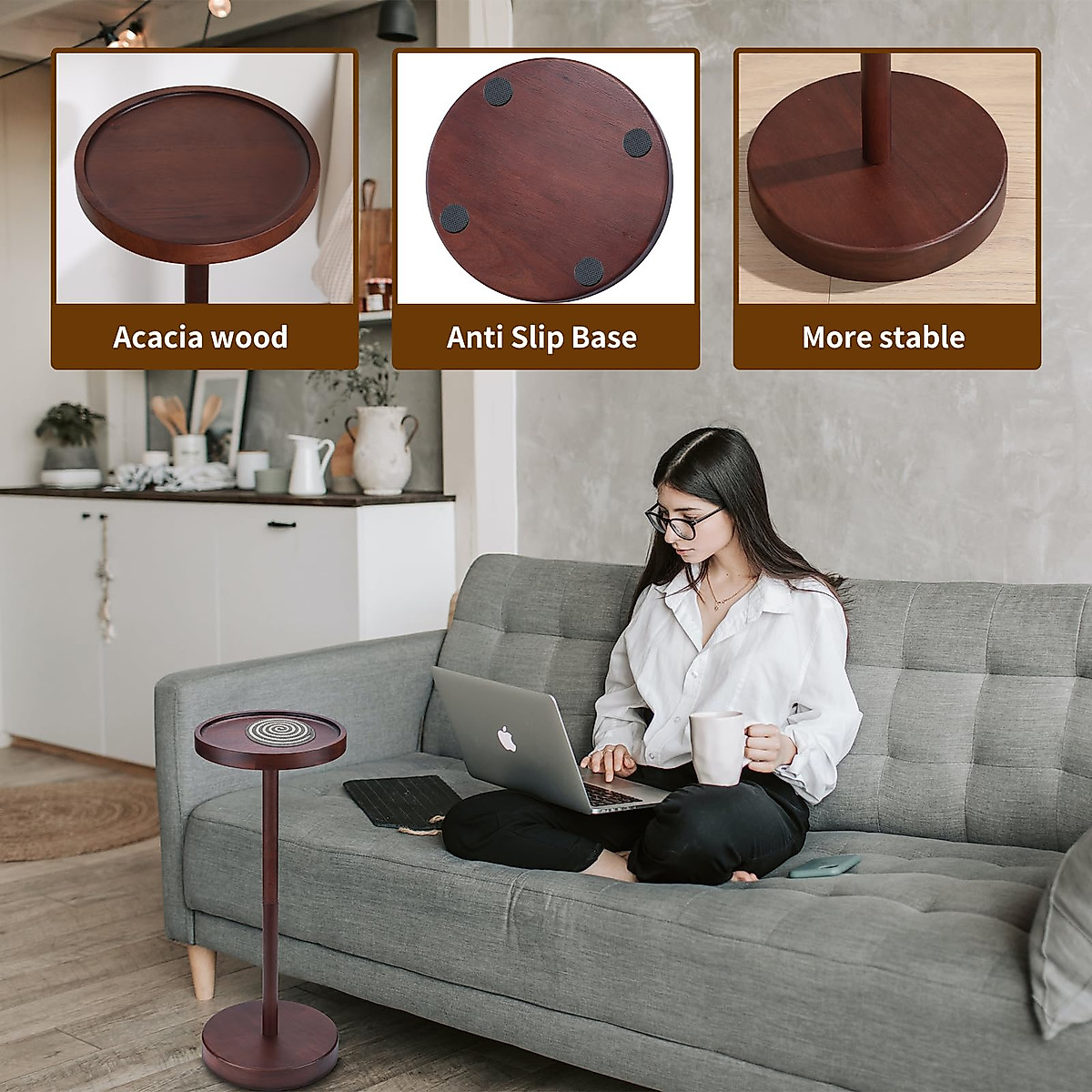 EVERBBKING Solid Acacia Wood Pedestal Side Table, Drink Table, Small End Table Pedestal End Table, Small Pedestal Table Small Round Table Martini Table