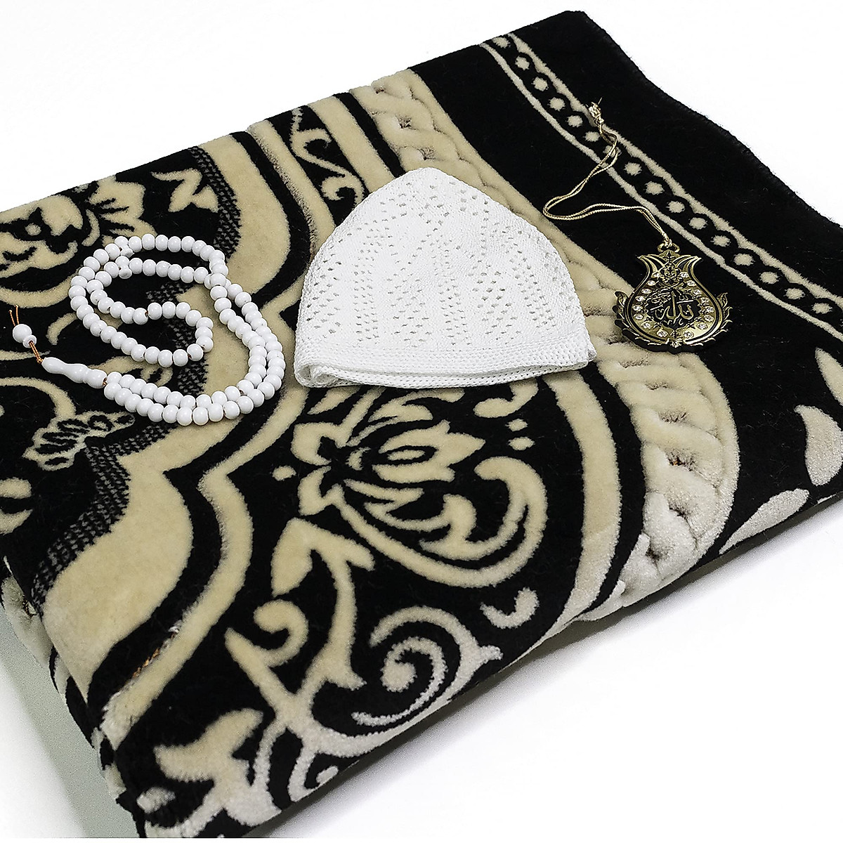 Modefa Turkish Islamic Velvet Prayer Rug - Thick Wide Soft Prayer Carpet - Men & Women - Large Prayer Mat - Eid & Ramadan Gift - with Kufi Cap Beads & Car Hanger - Double Plush Floral Black