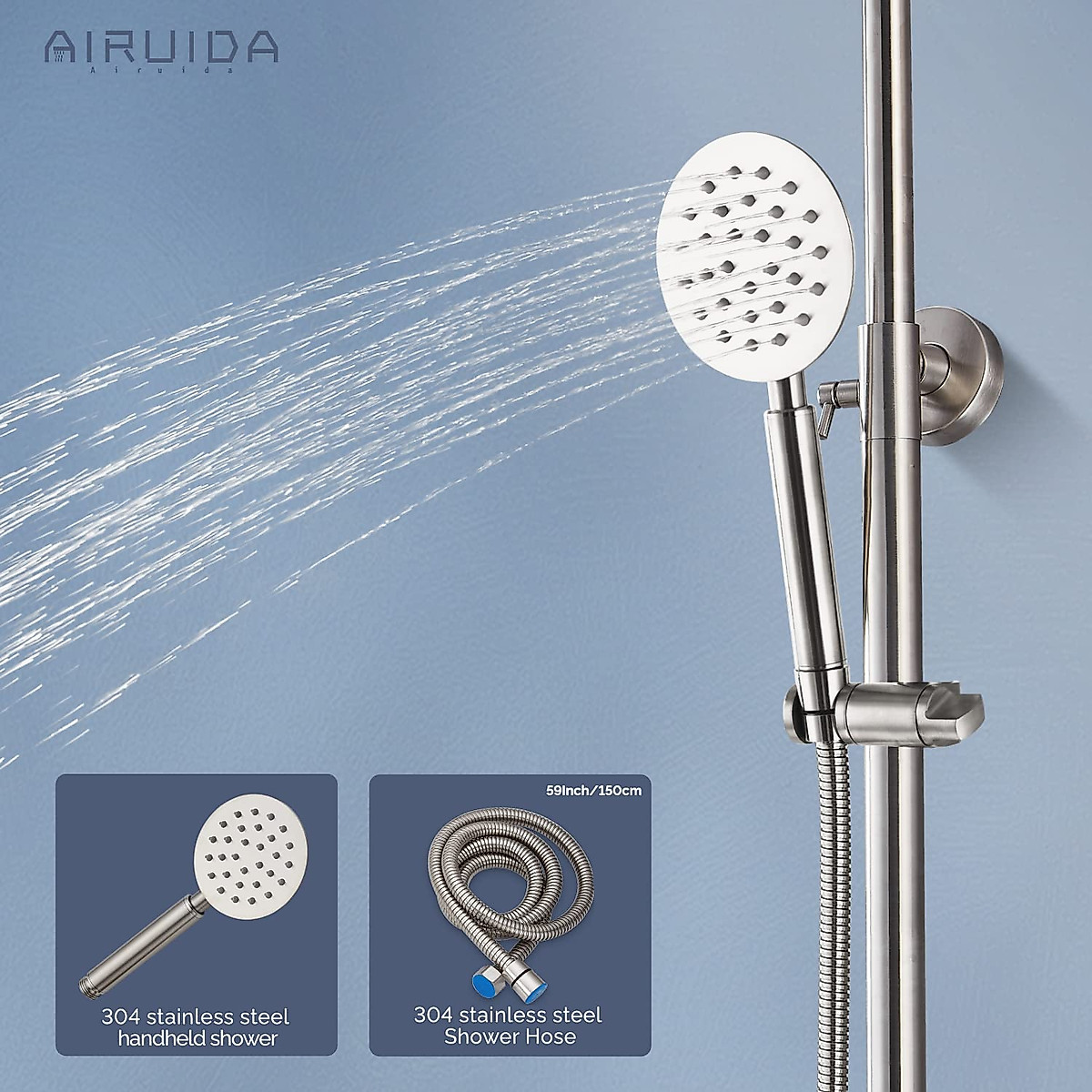 Airuida SUS304 Outdoor Shower Fixture Brushed Nickel Exposed Shower Faucet Combo Set Single Handle 8 Inch Thicken Rainfall Showerhead With Handheld Spray Wall Mount Dual Functions
