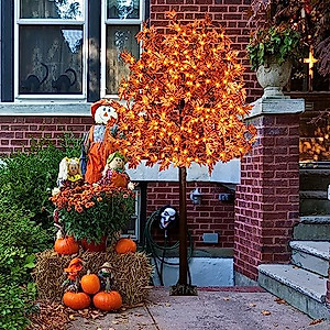 7FT 170 LED Lighted Maple Tree - Thanksgiving Decor Artificial Fall Tree with 17 Branches, 17 Acorns 340 Leaves, Remote 8 Flashing Modes, Timing, DC 5V Safe for Outdoor Wedding Party Autumn Decor…