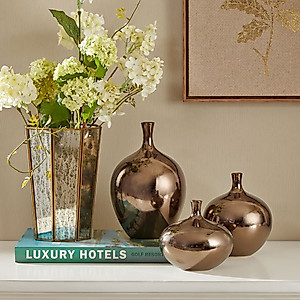 Madison Park Signature Ansen Ceramic Handmade Vase Set Home Décor - Metallic Accent Living Room Decoration Ideal for Shelf, Side Table, Mantle Ornaments, Multi Size, Bronze 3 Piece