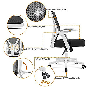 Topeakmart Office Chair Ergonomic Desk Chair with Adjustable Lumbar Support, Mid Back Mesh Computer Chair with Flip-up Armrests Task Chairs, Executive Chair for Home Office, White