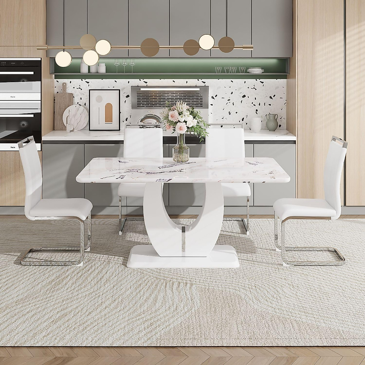 YWUFUART 63" Modern Marble Table,Rectangular Dining Table for 6,Imitation Marble Grain Dinner Table for Kitchen,Dining Room,White