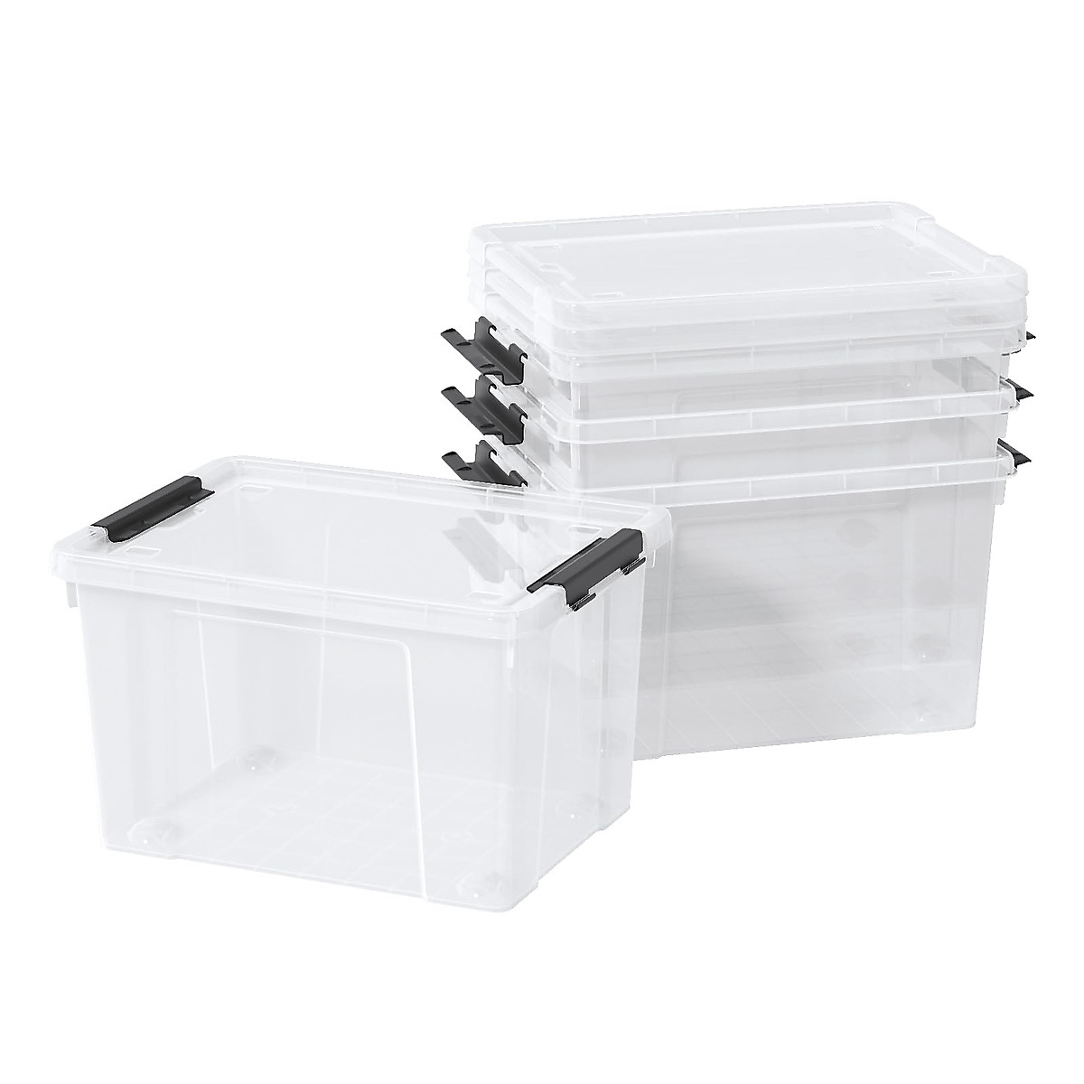 Parlynies 4 Pack 23 L Plastic Latching Storage Box with Wheels, Stackable Container Bin with Lids, Clear