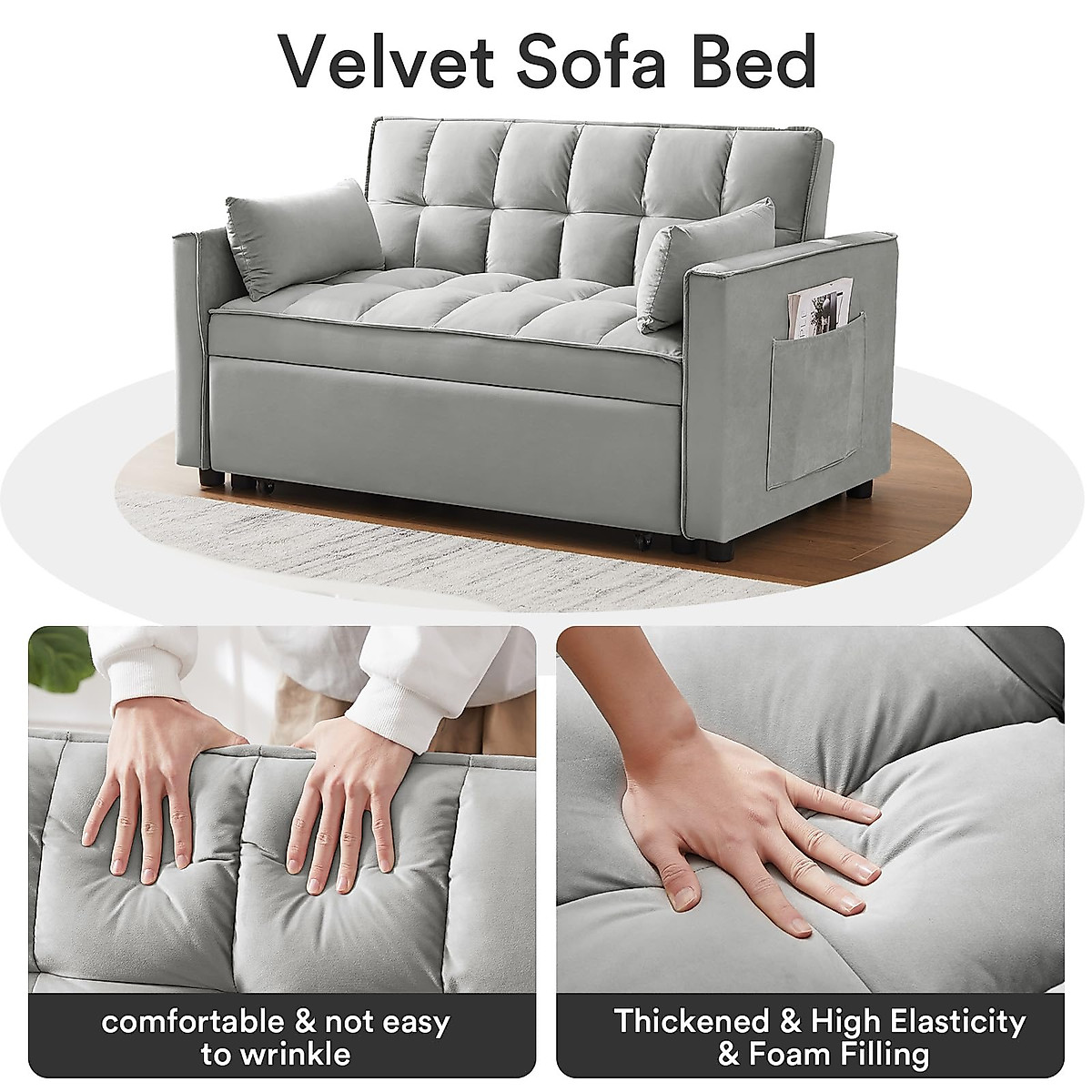 Rovibek Sofa Bed 3 in 1 Sleeper Sofa Couch Bed Pull Out Futon Sofa Bed Convertible Sleeper Sofa Bed Love Seat with 2 Pillows & Side Storage Pockets for Living Room Apartment Small Space