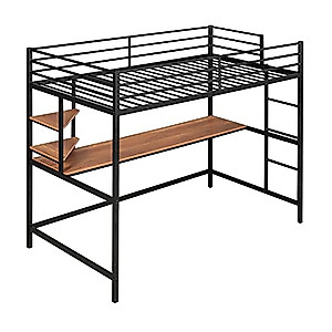 RORIGAT Twin Size Metal Loft Bed with Desk and Two Shelves Space-Saving Solution for Kids,Black