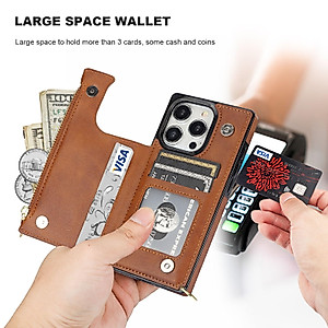 Bocasal Crossbody Wallet Case for iPhone 15 Pro with RFID Blocking Card Slot Holder, Magnetic Flip Folio Purse Case, PU Leather Zipper Handbag with Detachable Lanyard Strap 6.1 Inch 5G (Brown)