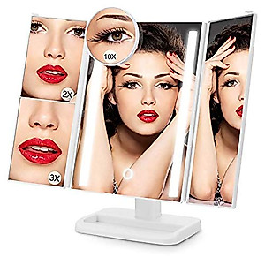 KXA Tri-Fold Vanity Mirror, 24 LED Lighted with Touch Screen 1X/2X/3X Magnification and USB Charging Adjustable Brightness and Stand for Makeup