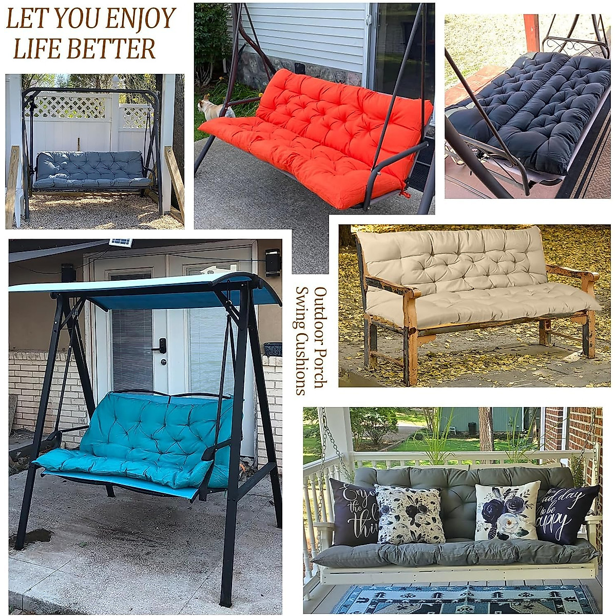 Outdoor Swing Cushions with Back, 47 x 40 inch 2-3 Seater Front Porch Swing Cushion Replacement, Swing Pad for Patio Wooden & Metal Porch Swing, Khaki