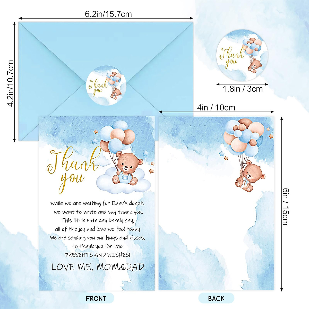 BYBOUS 50 Pack Baby Shower Thank You Cards with Envelopes Stickers - Cute Bear Baby Shower Cards - Baby Girl/Baby Boy Shower Thank You Notes Birthday Supplies, 4 x 6 Inch (Blue)