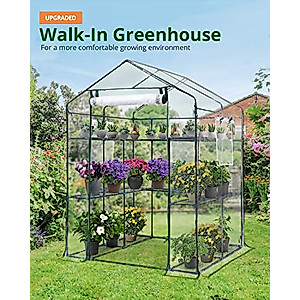 KING BIRD Upgraded Walk-in Greenhouse for Outdoors, Thickened PE Cover & Heavy Duty Powder-Coated Steel, w/ Zippered Mesh Door & Screen Windows, 14 Sturdy Shelves for Garden, 4.7 x 4.7 x 6.4 FT, Clear