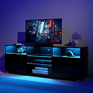 LED TV Stand for 65 inch TVs, Modern TV Stand with LED Lights and High Glossy Cabinets, Game Console Entertainment Center with Storage Shelves and Media Layers for Living Room Bedroom (Black, 57inch)…