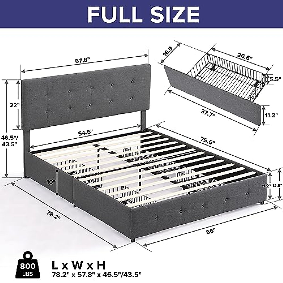 Upholstered Full Size Platform Bed Frame with 4 Storage Drawers and Headboard, Square Stitched Button Tufted, Mattress Foundation with Wooden Slats Support, No Box Spring Needed, Grey (Full)