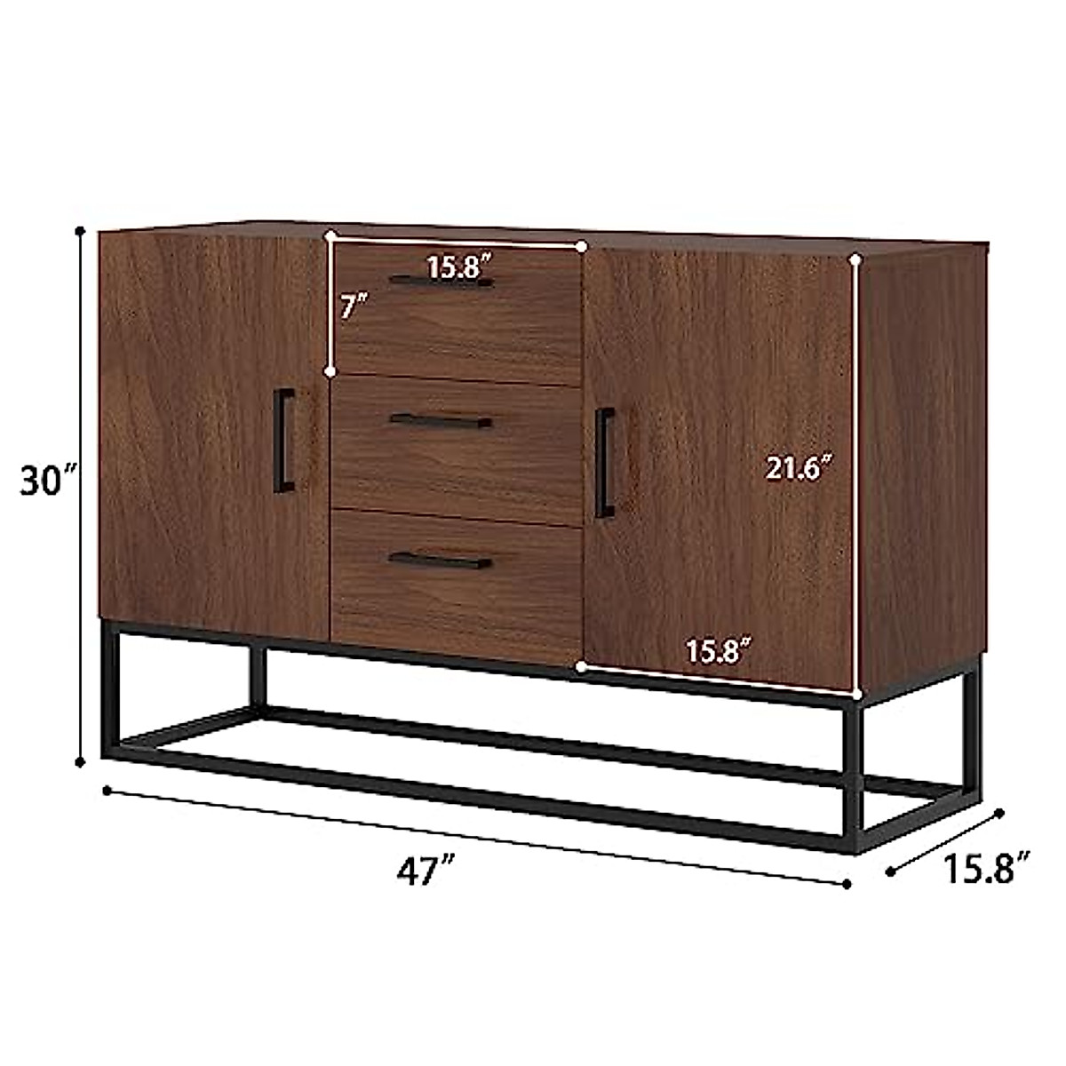 Bonzy Home Buffet Sideboard Cabinet with 3 Drawers & 2-Door and Adjustable Shelves 47 Inch Modern Coffee Bar Cabinet for Living Room Entryway Dinning Room