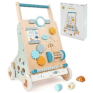 PairPear Wooden Baby Walker Push and Pull Toys,Toddler Speed Adjustable Push Walker Activity Cencer with Shape Sorter Toys Gift for Boys Girls 1 2 3 Years