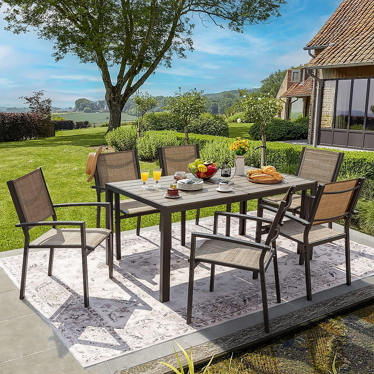 Flamaker Patio Dining Set 7 Piece Metal Frame Outdoor Furniture with 6 Textilene Chairs and Rectangular Table Family Kitchen Conversation Set for Backyard, Lawn (Brown)