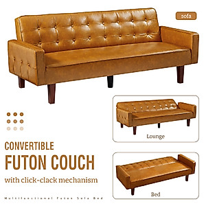 IULULU Futon Sofa Bed, Modern Convertible Faux Leather Sleeper Couch with Armrests for Studio, Office, Apartment, Compact Living, Game Room, Overnight Guests, Brown