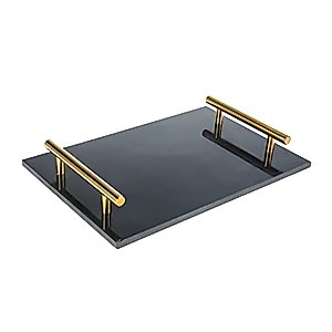 HighFree Marble Stone Decorative Tray, Handmade Nightstand Tray with Copper-Color Metal Handles for Counter, Vanity, Dresser, Nightstand and Desk (Black)