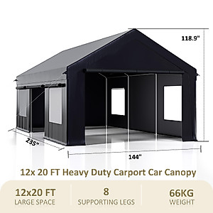 AirWire Carport 12' x 20' Heavy Duty Portable Garage, Carport Canopy with Side-Opening Door & Roll-Up Windows, Car Canopy Reinforced Four-Hole Base for Car, Truck, Boat, Party, Black