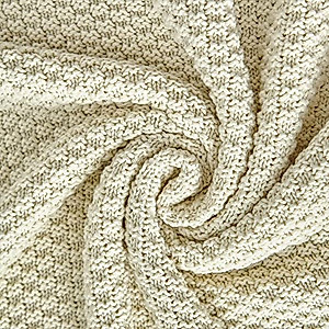 Longhui bedding Cream Knitted Throw Blanket for Couch, Soft, Cozy Machine Washable 100% Cotton Sofa Knit Blankets, Heavy 3.0lb Weight, 50 x 63 Inches, Beige Color