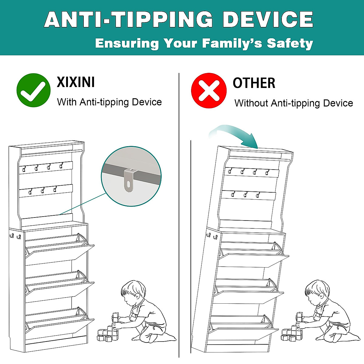 Shoe Cabinet for Entryway with 3 Flip Drawers, White Tall Wood Shoe Storage Cabinet with Coat Rack, Narrow Hidden Slim Freestanding Shoe Rack Organizer, 2 in 1 Hall Tree for Living Room, Hallway
