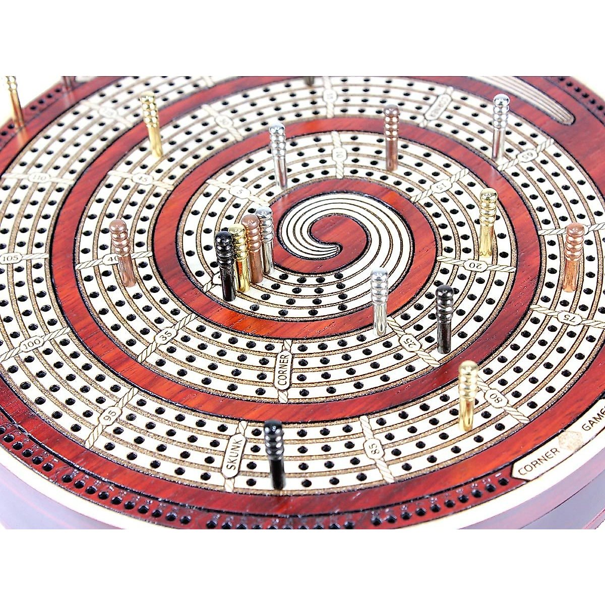 House of Cribbage - Cribbage Board Spiral Design Round Shape 4 Tracks Bloodwood/Maple with Place for Skunks, Corners & Won Games