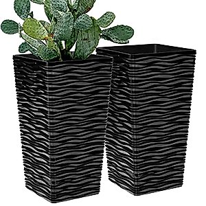 QCQHDU 2 Pack Tall Planters,16.5 Inch Square Tapered Flower Pots Outdoor Indoor Tree Planter, Modern Wavy Finish Decorative Planters for Front Porch Home Garden Patio (Black)…